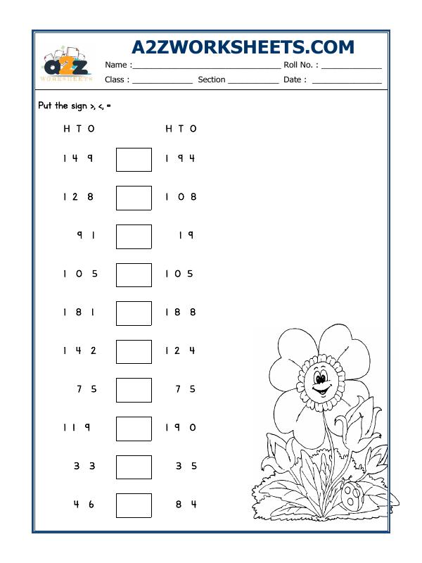 A2Zworksheets:Worksheet of Put The Sign Greater, Lesser And Equal To ...