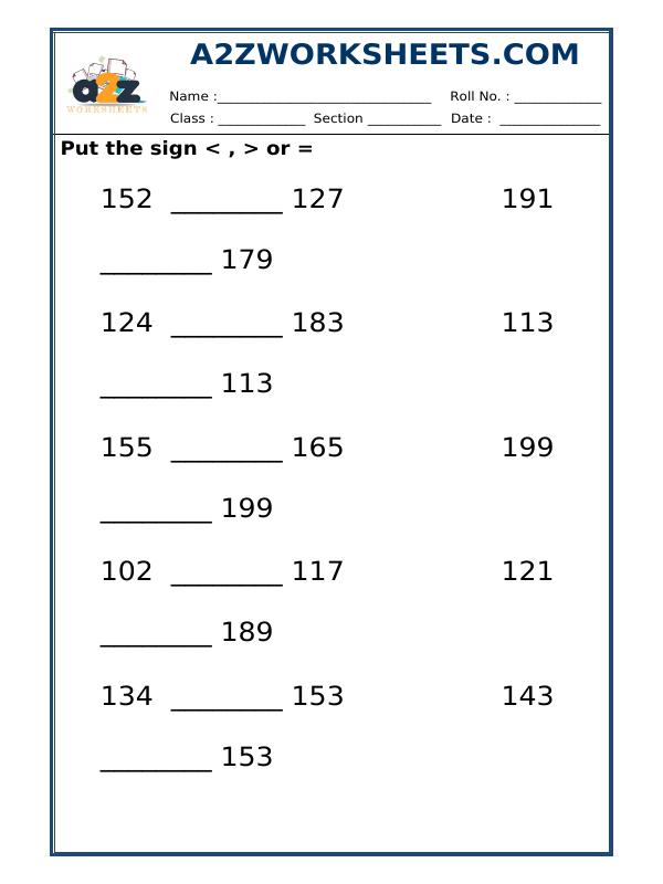 A2Zworksheets:Worksheet of Put The Sign Greater, Lesser And Equal To-03 ...