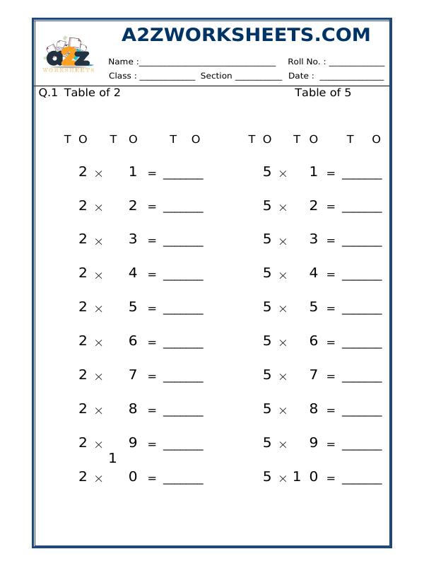 A2Zworksheets:Worksheet of Tables 2 And 5-Multiplication-Maths