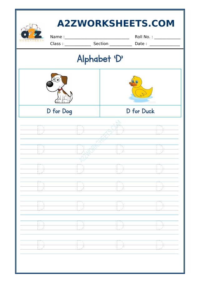 A2Zworksheets:Worksheet of English Alphabet 'D'-Writing-English