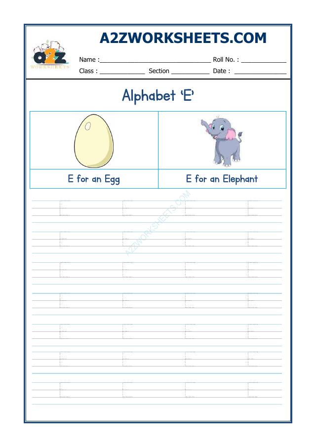 A2Zworksheets:Worksheet of English Alphabet 'E'-Writing-English