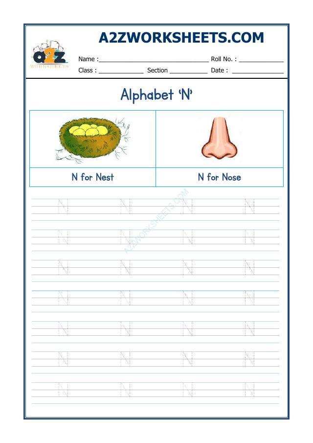 A2Zworksheets:Worksheet of English Alphabet 'N'-Writing-English