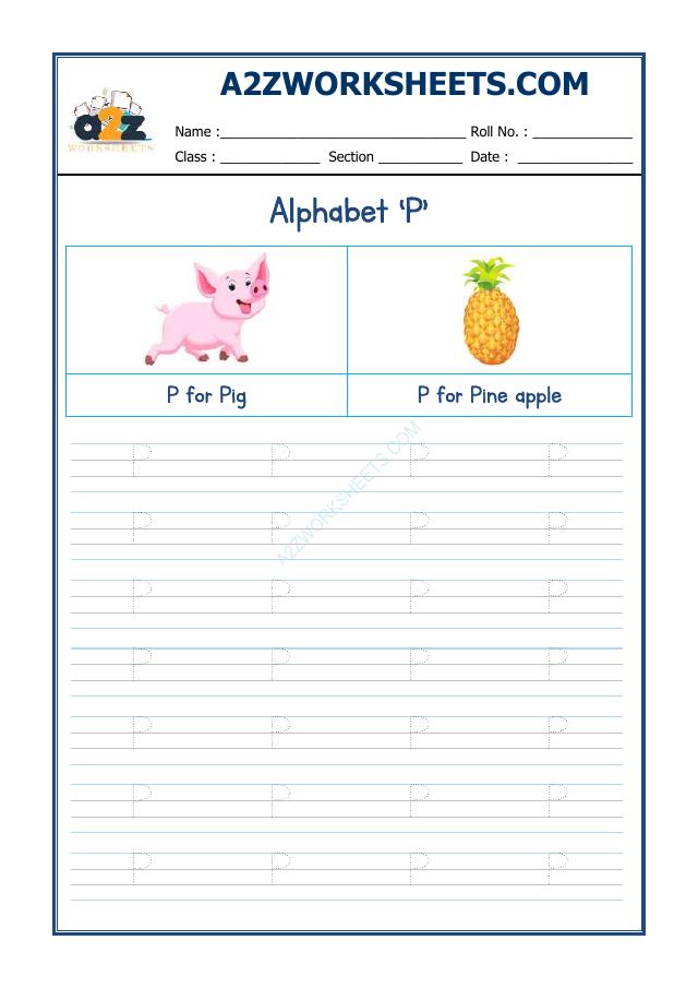 A2Zworksheets:Worksheet of English Alphabet 'P'-Writing-English