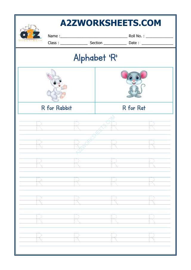 A2Zworksheets:Worksheet of English Alphabet 'R'-Writing-English