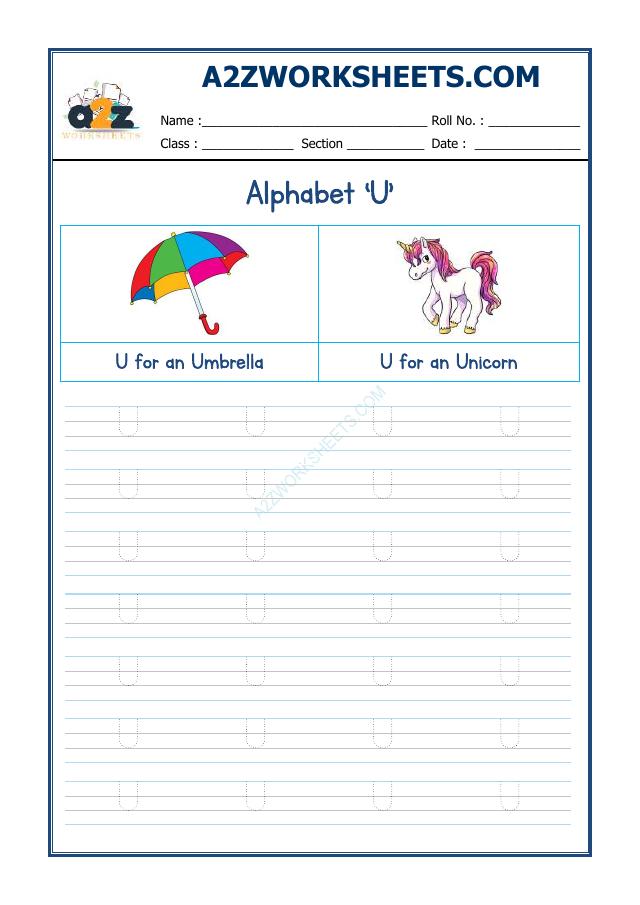 A2Zworksheets:Worksheet of English Alphabet 'U'-Writing-English