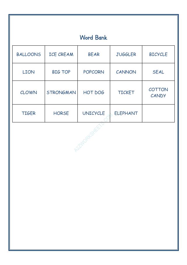A2Zworksheets:Worksheet of Cross Words - Circus-Reading-English