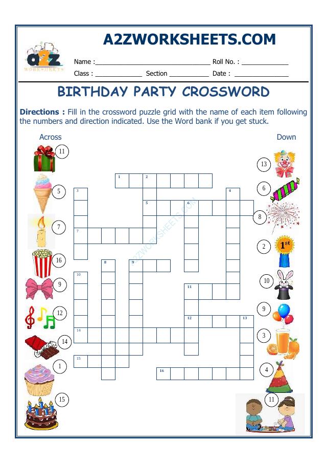 A2Zworksheets:Worksheet of Cross Words-Birthday Party-Reading-English