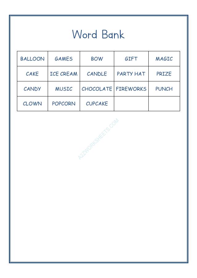 A2Zworksheets:Worksheet of Cross Words-Birthday Party-Reading-English