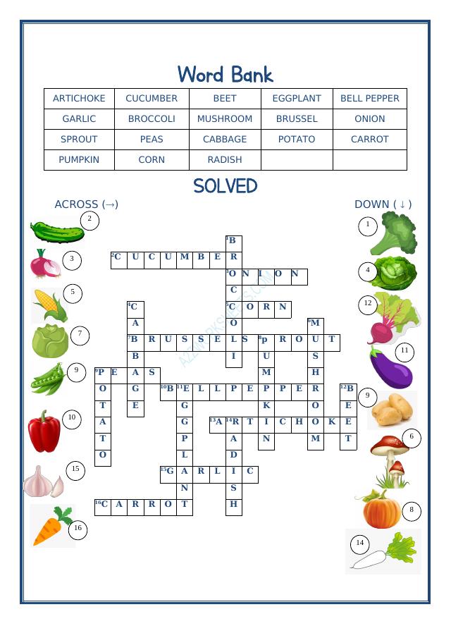 A2Zworksheets:Worksheet of Cross Words-Vegetables-Reading-English
