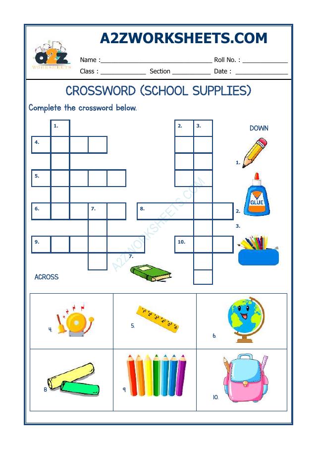 A2Zworksheets:Worksheet of Class I- Cross Word - School Supplies ...