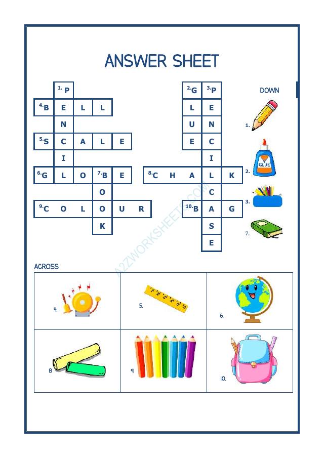 A2Zworksheets:Worksheet of Class I- Cross Word - School Supplies ...