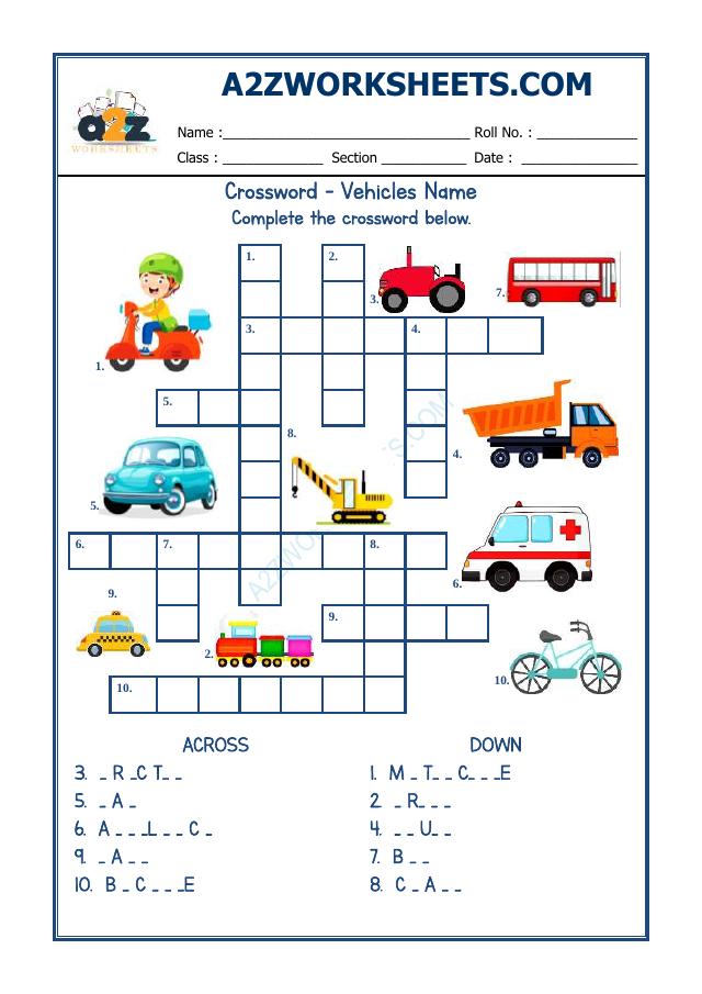 A2Zworksheets:Worksheet of Class I- Cross Word - Vehicles Names-Reading ...