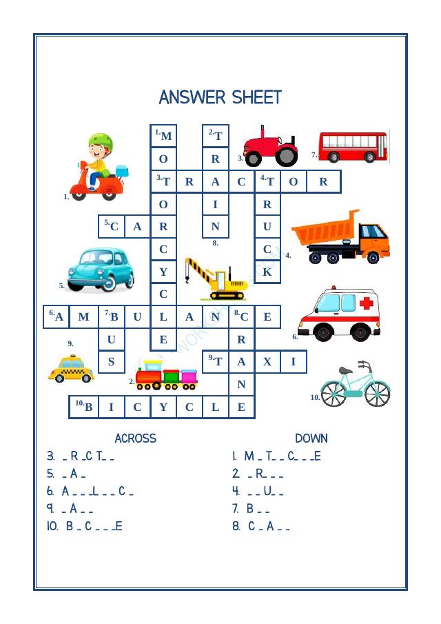 A2Zworksheets:Worksheet of Class I- Cross Word - Vehicles Names-Reading ...