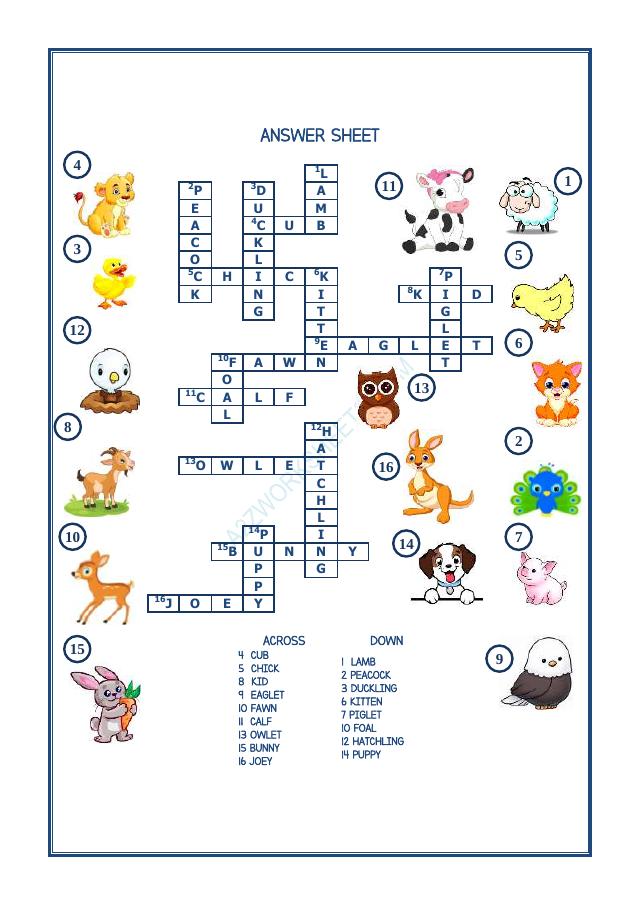 A2Zworksheets:Worksheet of Class Ii- Cross Word -Baby Animals-Reading ...