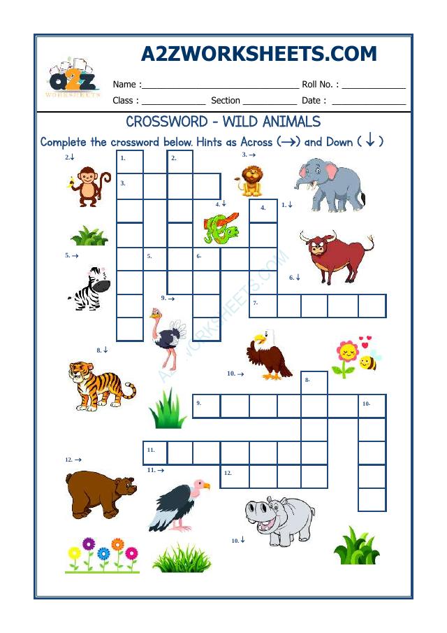 A2Zworksheets:Worksheet of Class Ii- Cross Word -Wild Animals-Reading ...