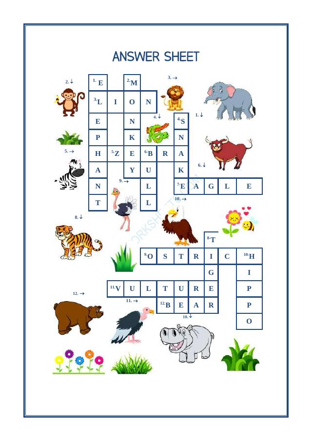 A2Zworksheets:Worksheet of Class Ii- Cross Word -Wild Animals-Reading ...