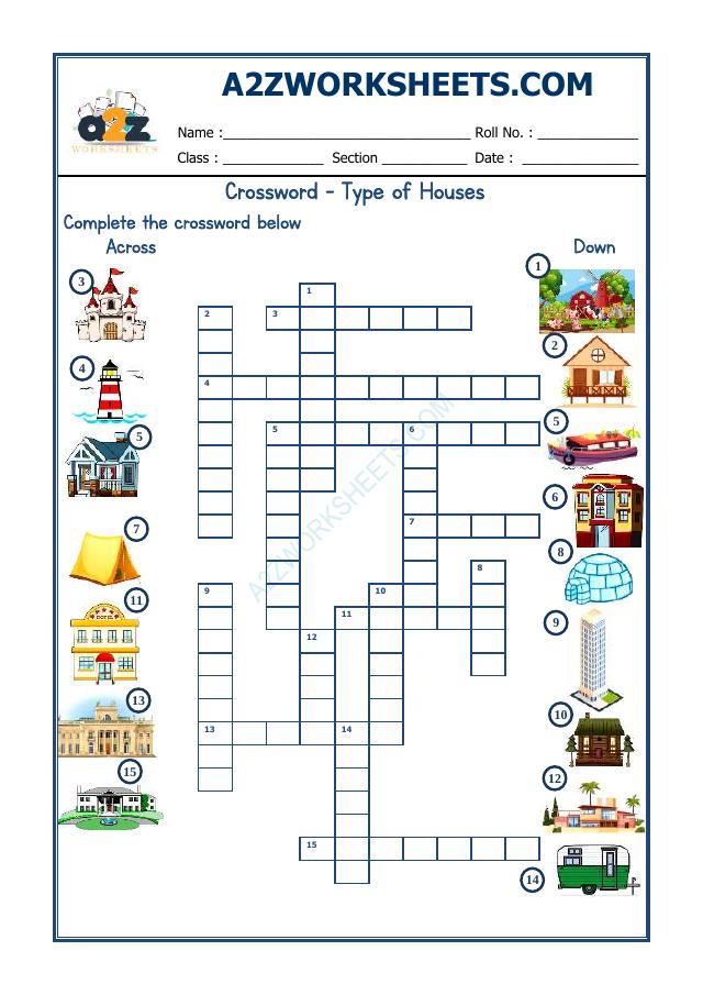 A2Zworksheets:Worksheet of Class I- Cross Word -Types Of Houses-Reading ...