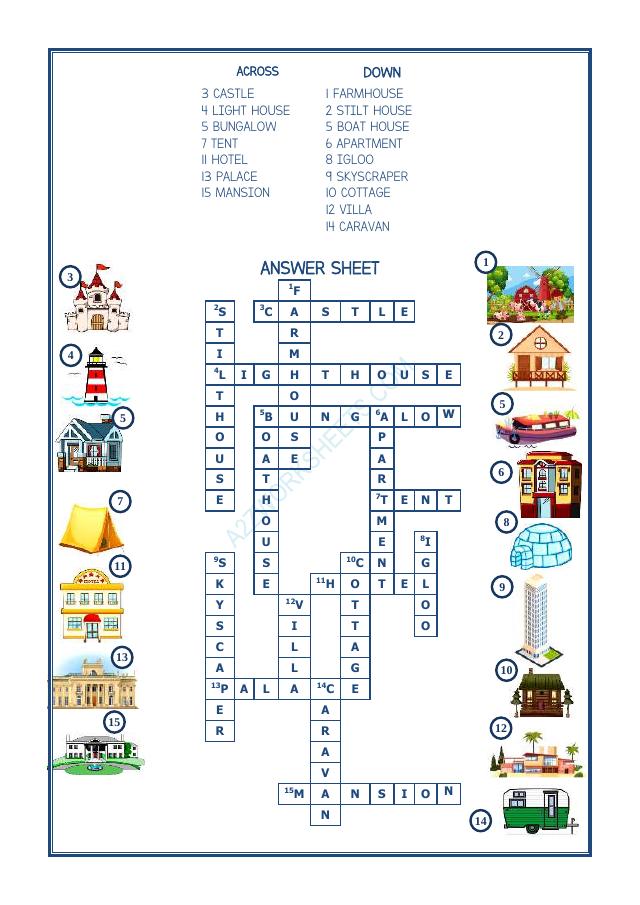 A2Zworksheets:Worksheet of Class I- Cross Word -Types Of Houses-Reading ...