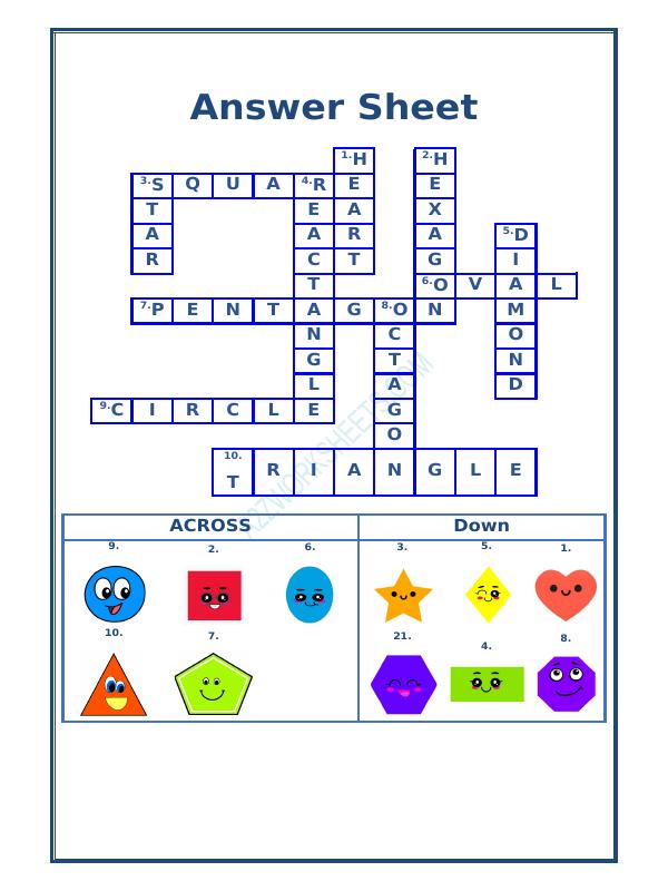 A2Zworksheets:Worksheet of Class Ii-Crossword - Shapes Name-Reading-English