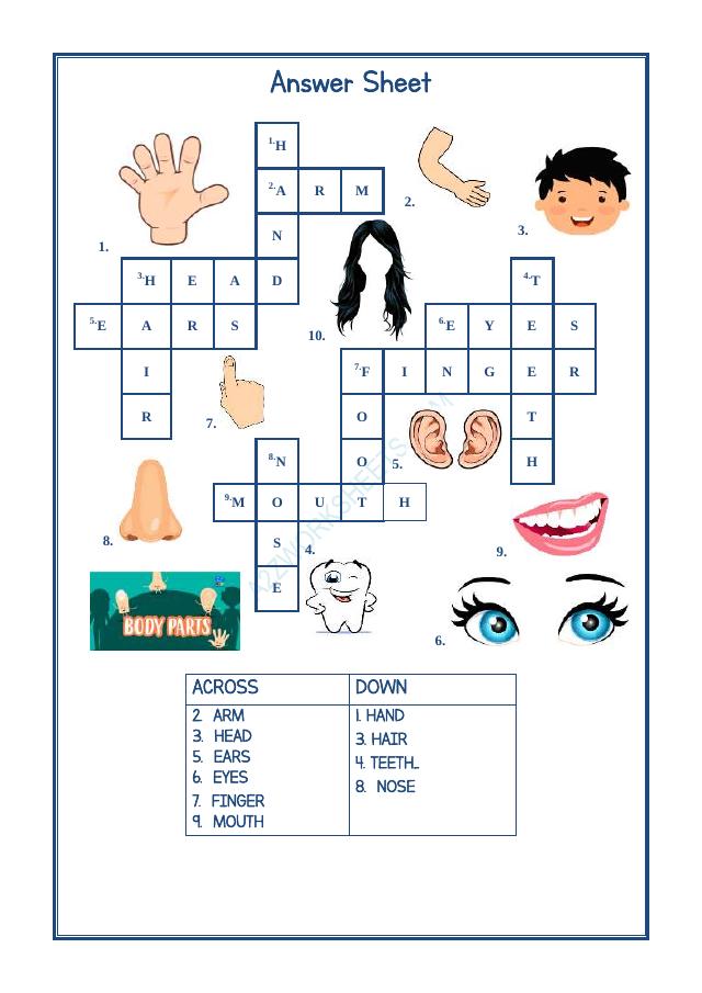 A2Zworksheets:Worksheet of Class I- Crossword-Parts Of Body-Reading-English