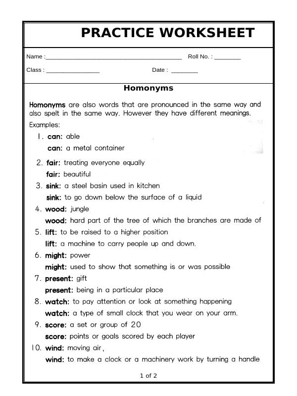 A2Zworksheets:Worksheet of Homonyms-Grammar-English