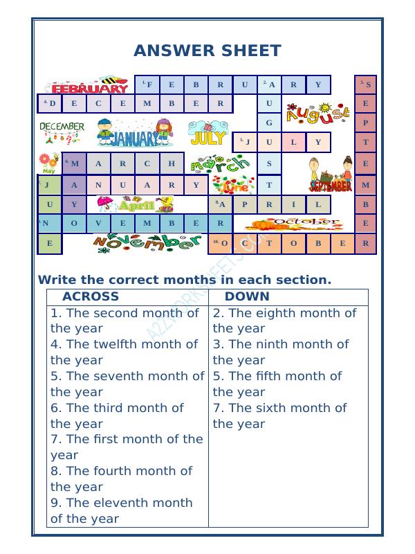 A2Zworksheets:Worksheet of Class I- Cross Word -Month Of The Year ...