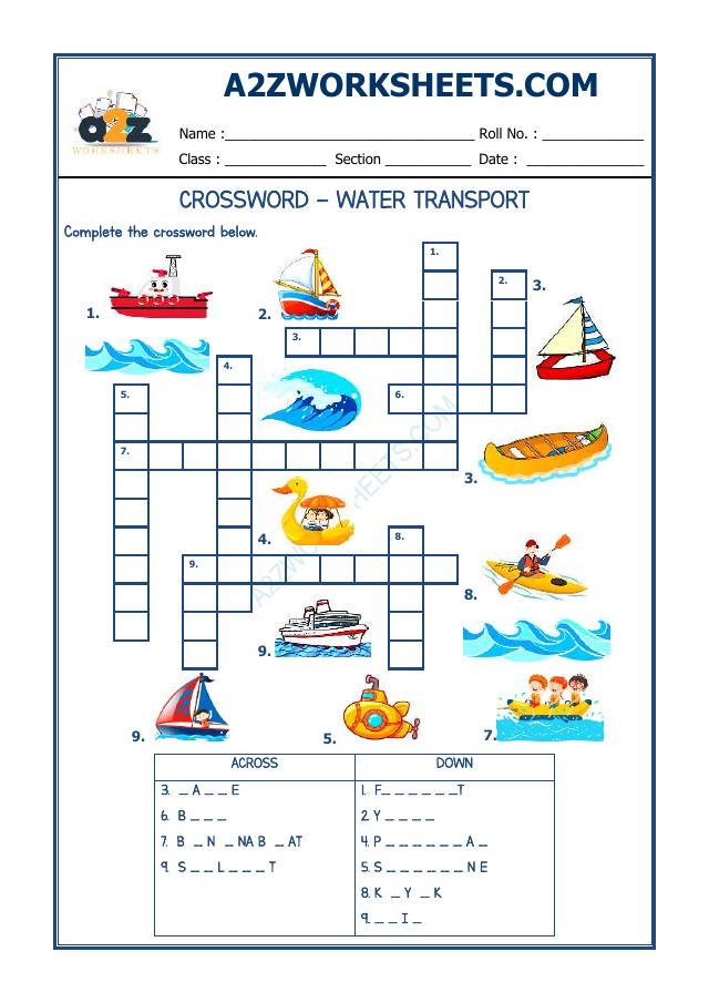 A2Zworksheets:Worksheet of Class Ii- Crossword - Water Transport ...