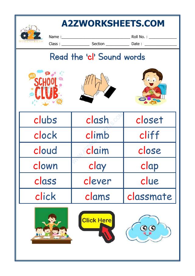 A2Zworksheets:Worksheet of English Phonics Sounds - 'Cl' Sound Words ...