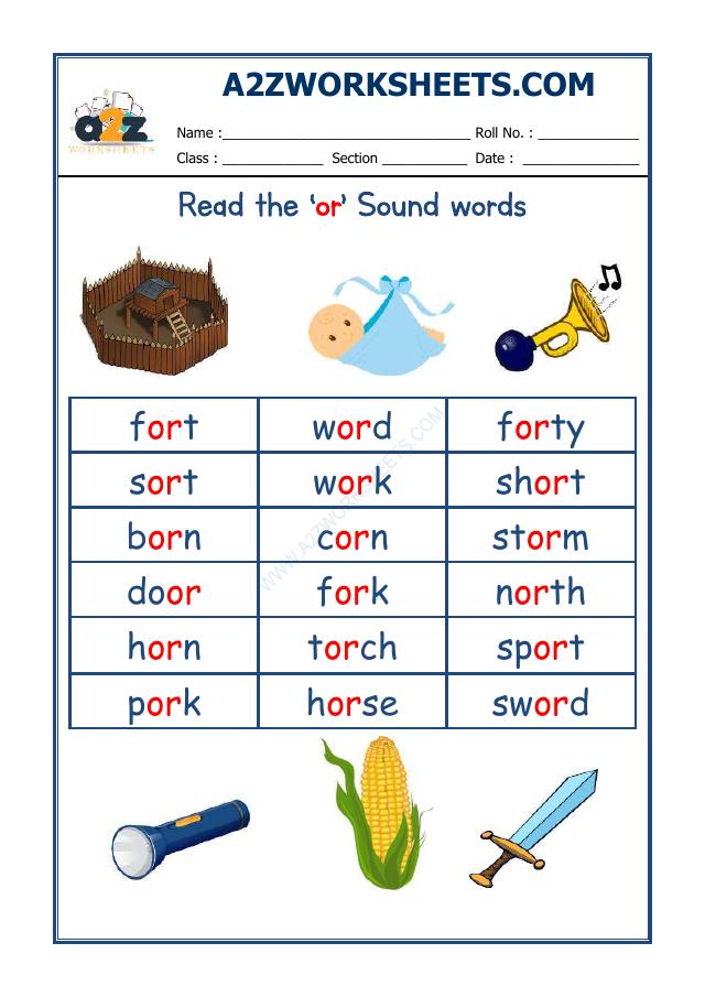 A2Zworksheets:Worksheet of English Phonics Sounds - 'Or' Sound Words ...