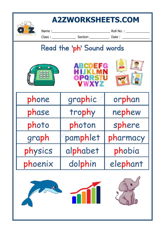A2Zworksheets:Worksheet of English Phonics Sounds - 'Ph' Sound Words-Reading-English