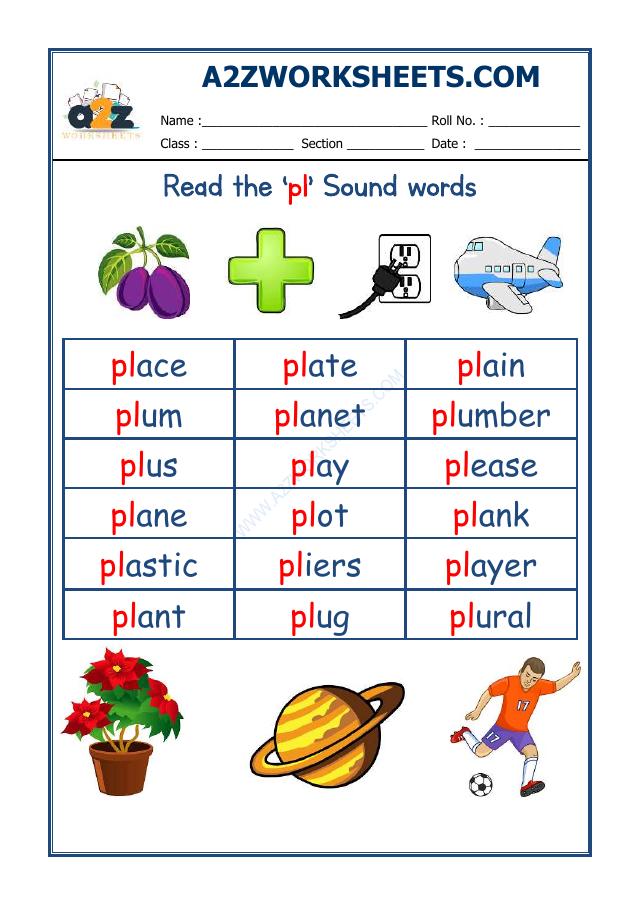 A2Zworksheets:Worksheet of English Phonics Sounds - 'Pl' Sound Words ...