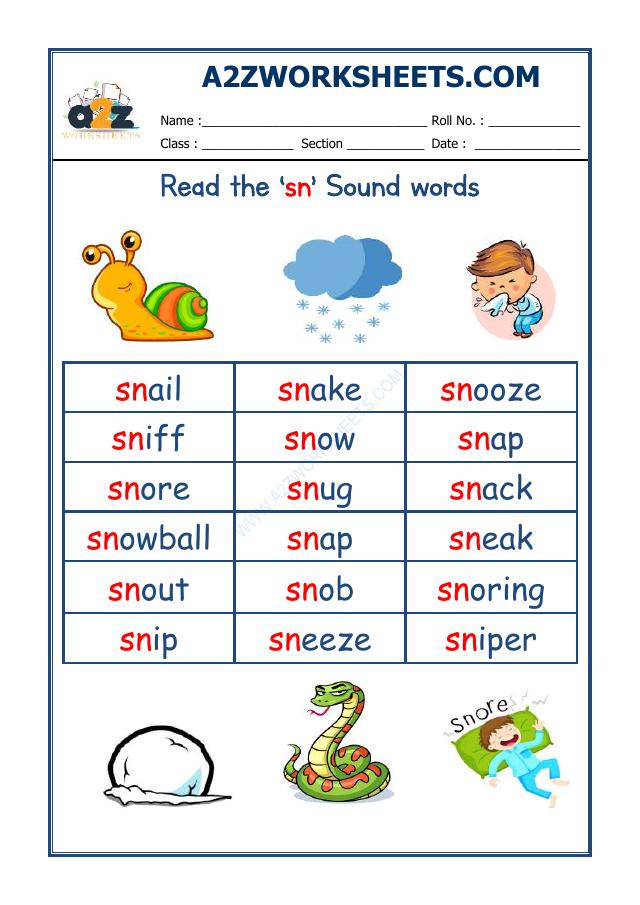 A2Zworksheets:Worksheet of English Phonics Sounds - 'Sn' Sound Words ...