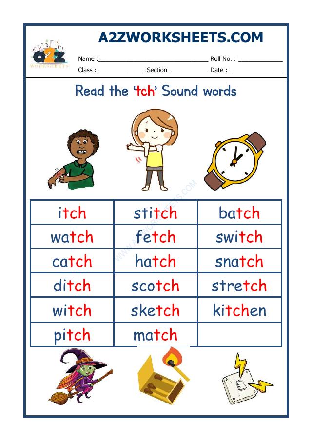 A2Zworksheets:Worksheet of English Phonics Sounds - 'Tch' Sound Words-Reading-English