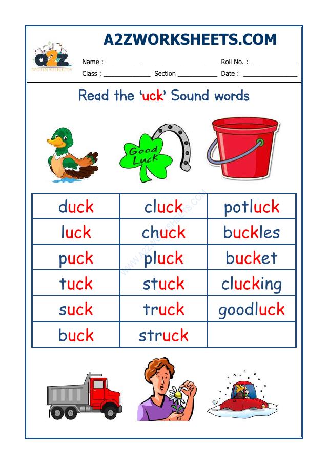 A2Zworksheets:Worksheet of English Phonics Sounds - 'Uck' Sound Words ...