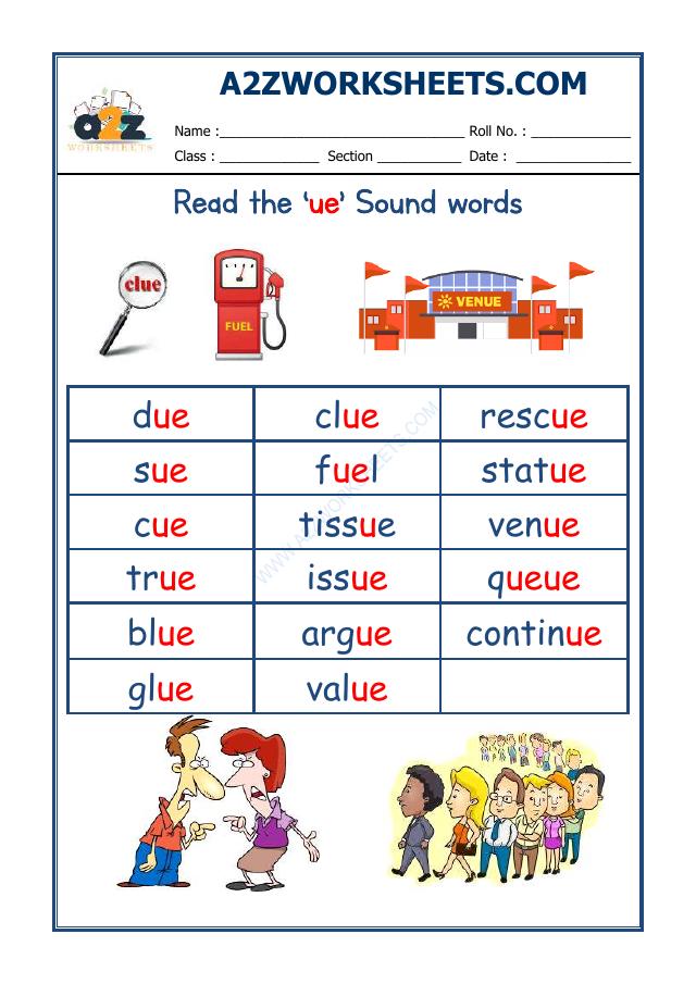 A2Zworksheets:Worksheet of English Phonics Sounds - 'Ue' Sound Words ...