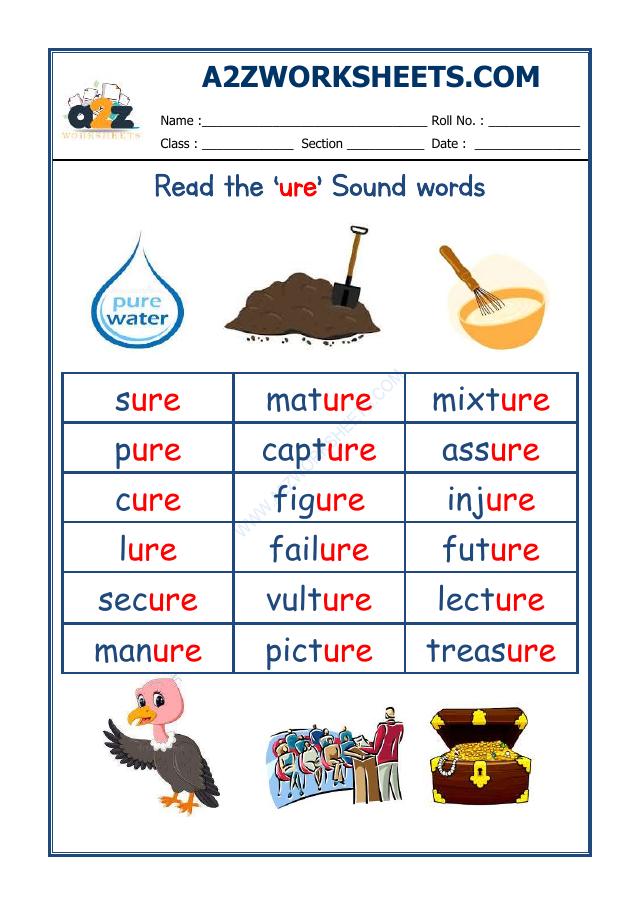 A2Zworksheets:Worksheet of English Phonics Sounds - 'Ure' Sound Words ...