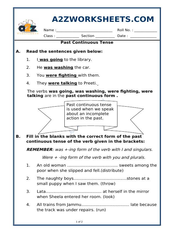 A2Zworksheets:Worksheet of Past Continuous Tense-Grammar-English