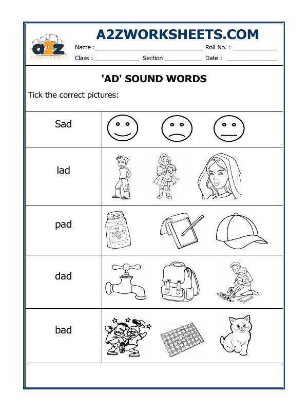 A2Zworksheets:Worksheet of 'Ad' Sound Words-Reading-English