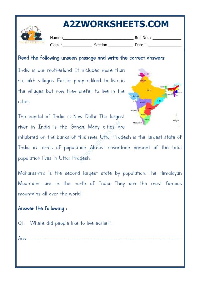 A2Zworksheets:Worksheet of Class V-Comprehension Passage-36-Reading-English