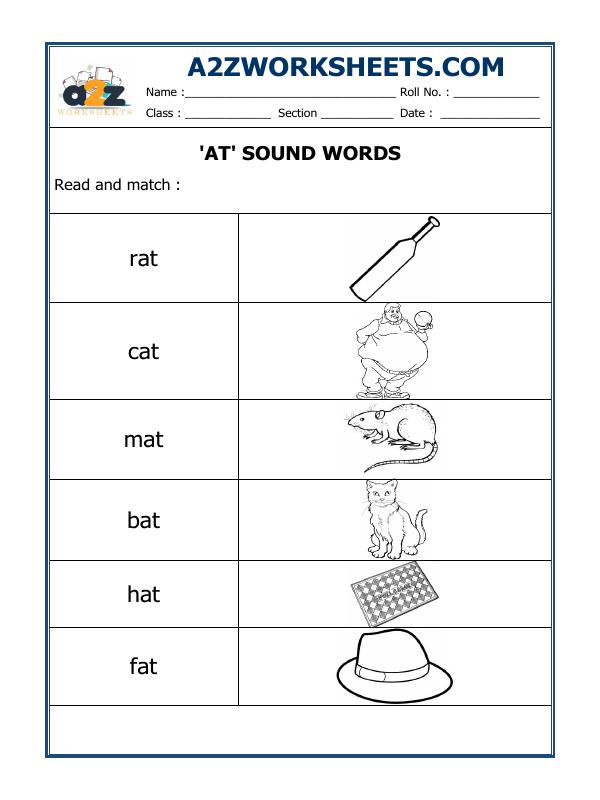 A2Zworksheets:Worksheet of 'At' Sound Words-Reading-English