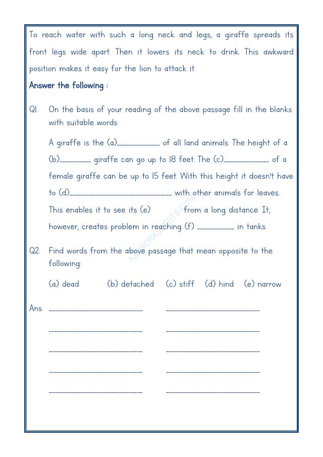 A2Zworksheets:Worksheet of Class-Vi-Comprehension Passage-57-Reading ...