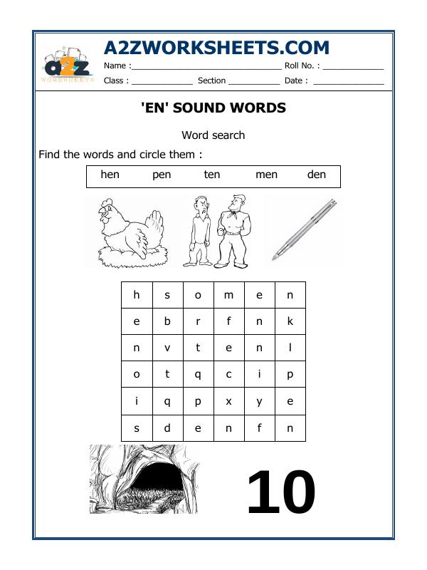 A2Zworksheets:Worksheet of 'En' Sound Words-Reading-English