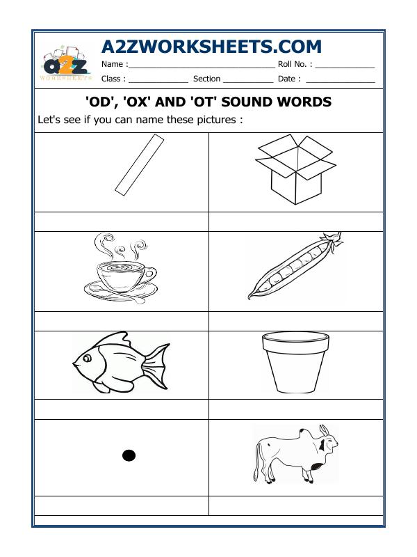 A2Zworksheets:Worksheet of 'Od', 'Ox' And 'Ot Sound Words-Reading-English
