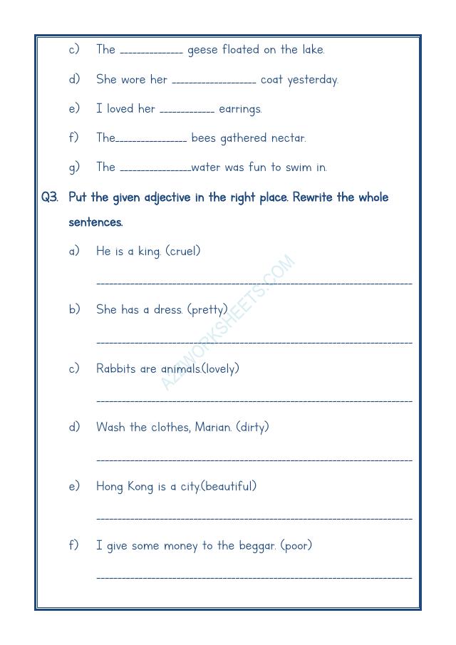 A2Zworksheets:Worksheet of Class-Iii-English Adjectives Worksheet-10 ...