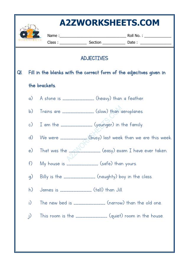 A2Zworksheets:Worksheet of Class-Iii-English Adjectives Worksheet-12 ...