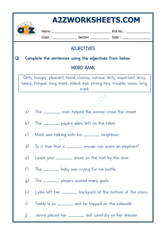 A2Zworksheets:Worksheet of Class-Iii-English Adjectives Worksheet-14 ...