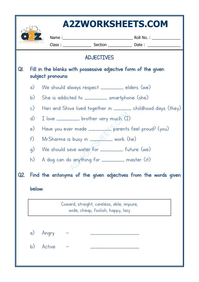 A2Zworksheets:Worksheet of Class-Iv-English Adjectives Worksheet-03 ...