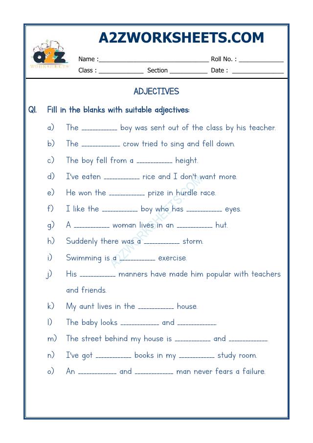 A2Zworksheets:Worksheet of Class-Iv-English Adjectives Worksheet-05 ...