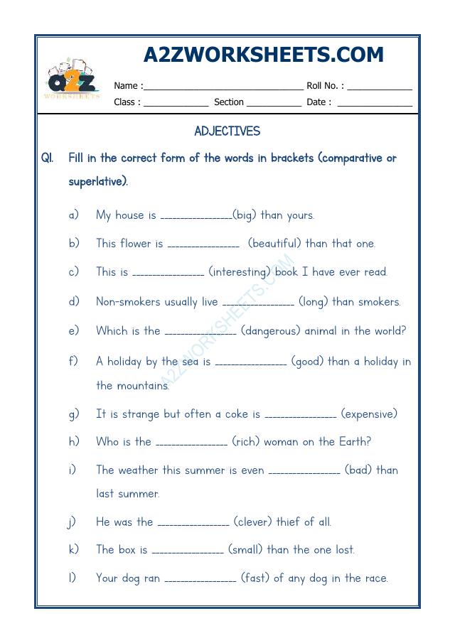 A2Zworksheets:Worksheet of Class-Iv-English Adjectives Worksheet-06 ...