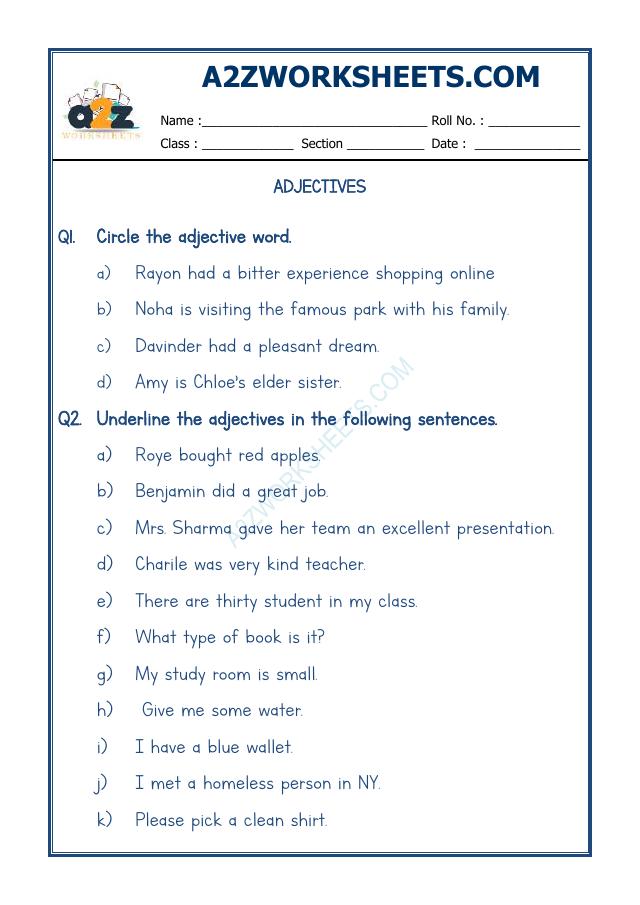 A2Zworksheets:Worksheet of Class-Iv-English Adjectives Worksheet-08 ...